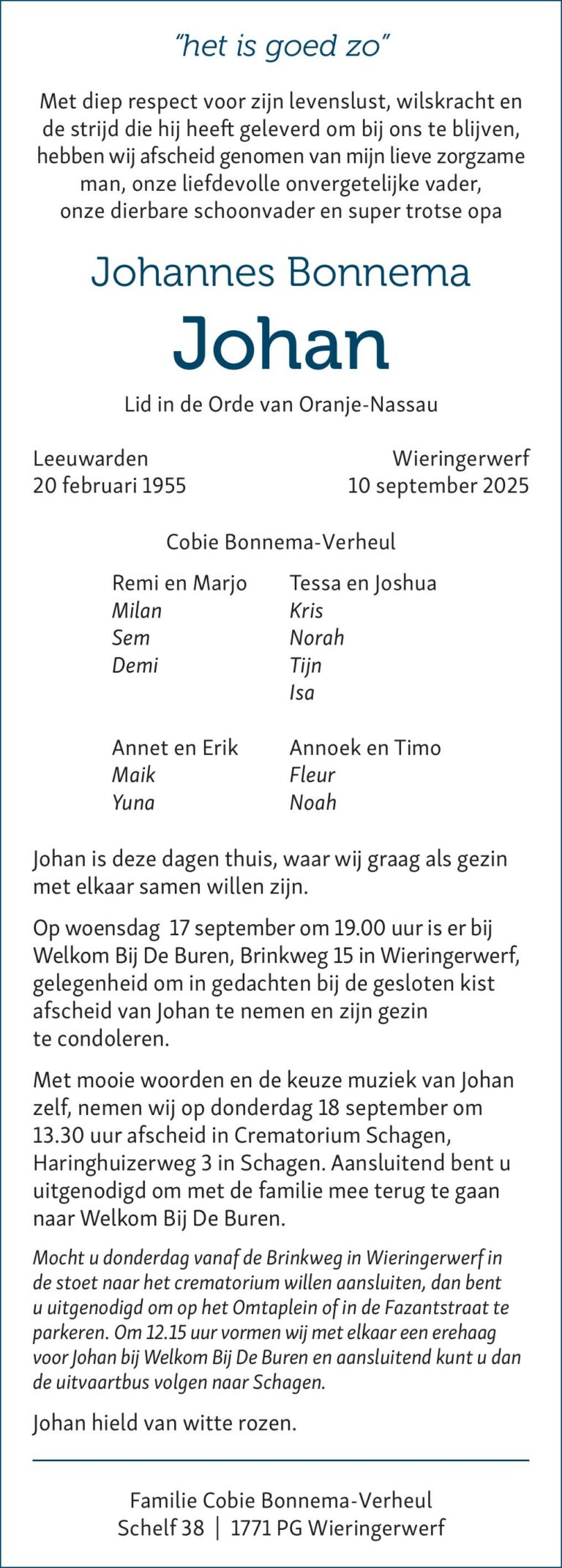 Overleden de heer Johan Bonnema – De Meerpeen